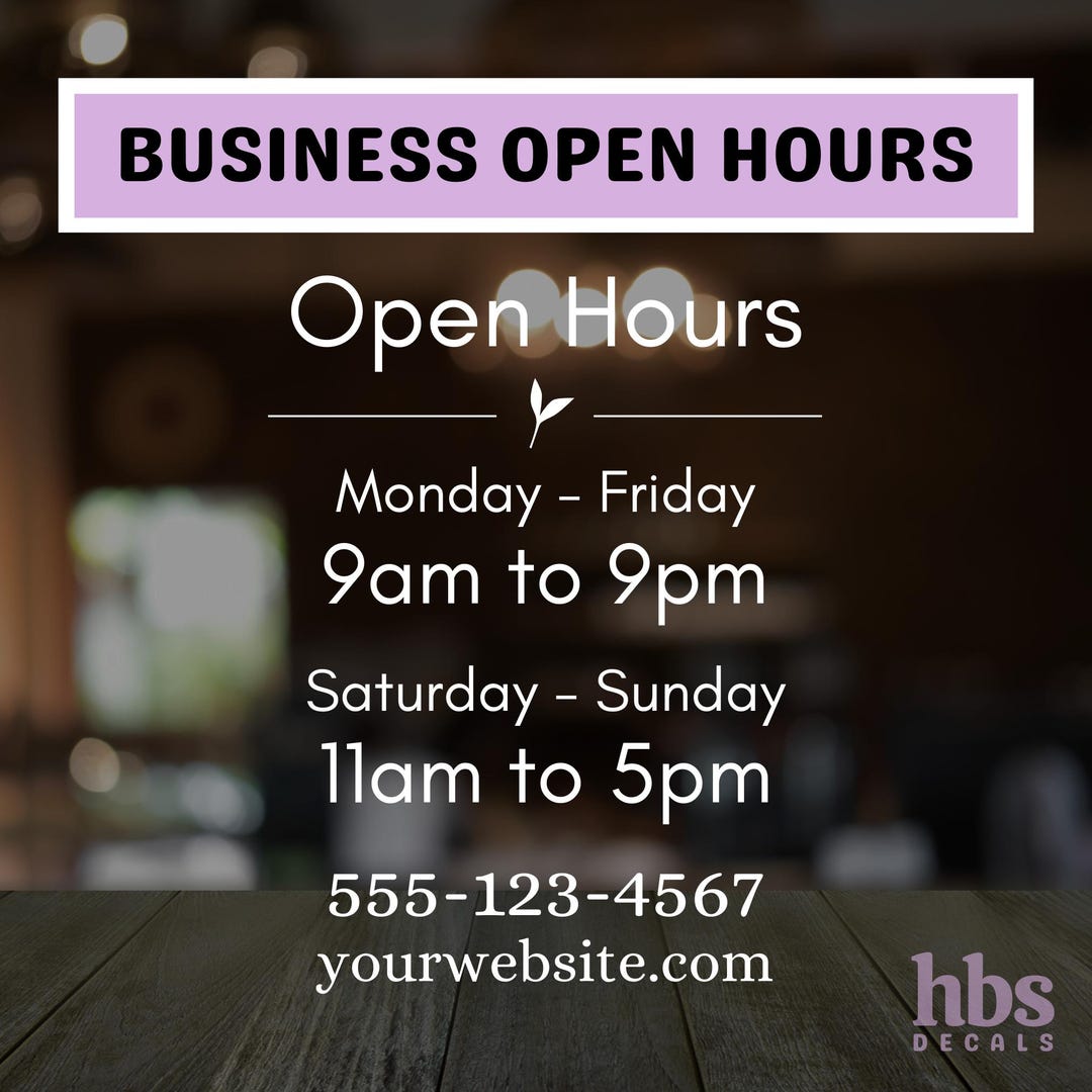 Custom Store Hours Decal | Business Hours Vinyl Storefront Sign | Hours ...