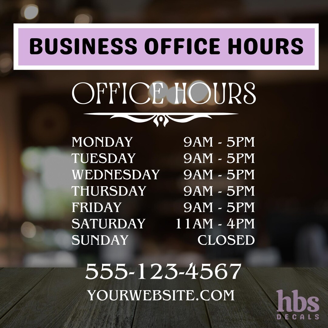 Custom Office Hours Decal | Business Hours Vinyl Storefront Sign ...