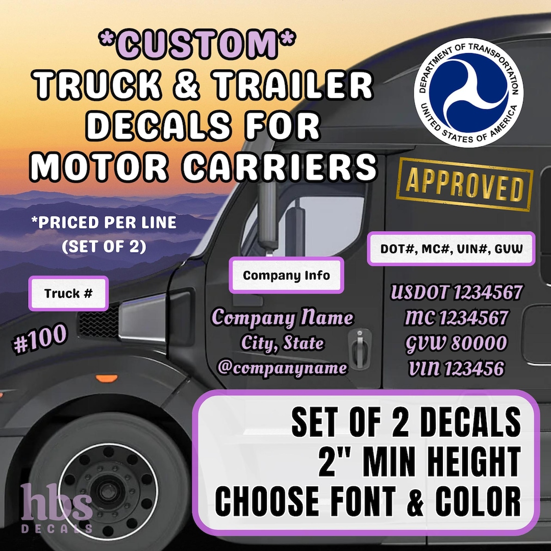 Set of 2 USDOT Compliant Decals, DOT & MC Numbers, Personalized Semi ...