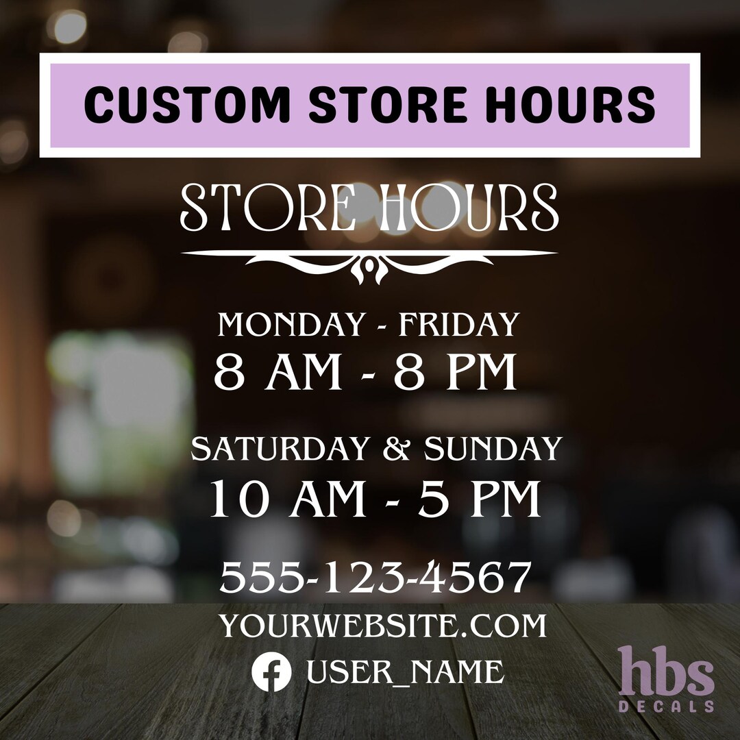 Custom Store Hours Decal | Business Hours Vinyl Storefront Sign | Hours ...