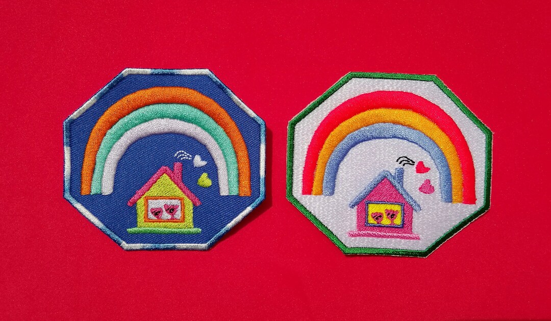 Rainbow and House Embroidered Iron on Patch Homemade Patch Blue White ...