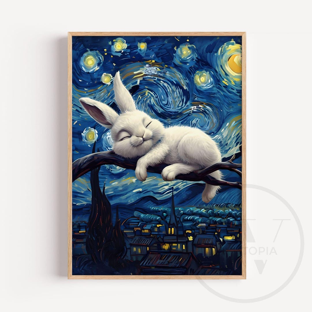Starry Night Bunny Print, Cute Rabbit Wall Art, Van Gogh Inspired ...