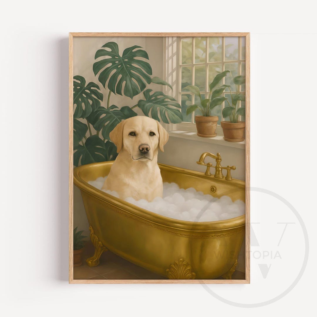 Golden Retriever Dog in Gold Bathtub Bubble Bath, Rustic Pet Wall Art ...
