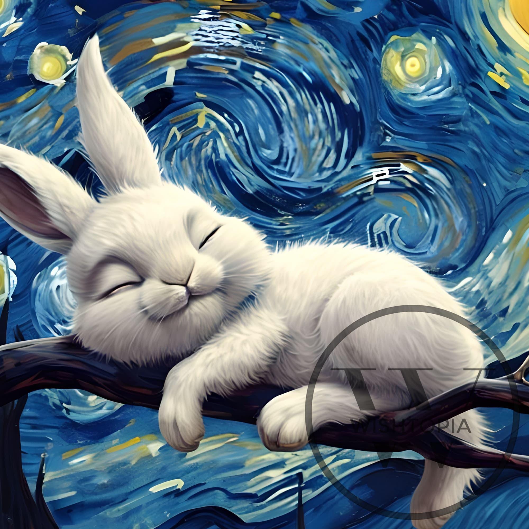 Starry Night Bunny Print, Cute Rabbit Wall Art, Van Gogh Inspired ...