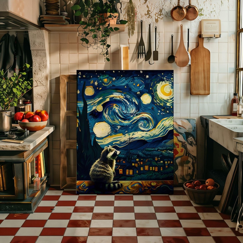 Starry Night Raccoon Print, Van Gogh Inspired Nursery Decor, Cute ...