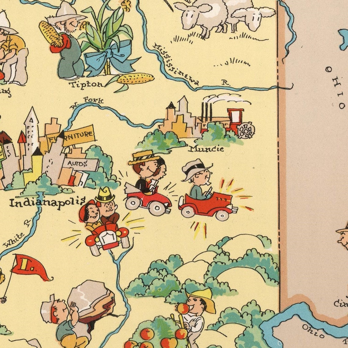 1935 Cartoon Map of Indiana Pictorial Map Fine Reproduction - Etsy