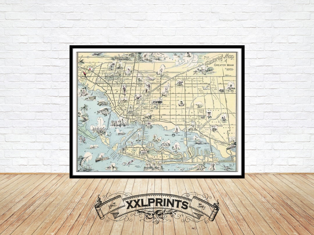 Old Pictorial Map of Greater Miami, Florida, 1951, Fine Reproduction ...