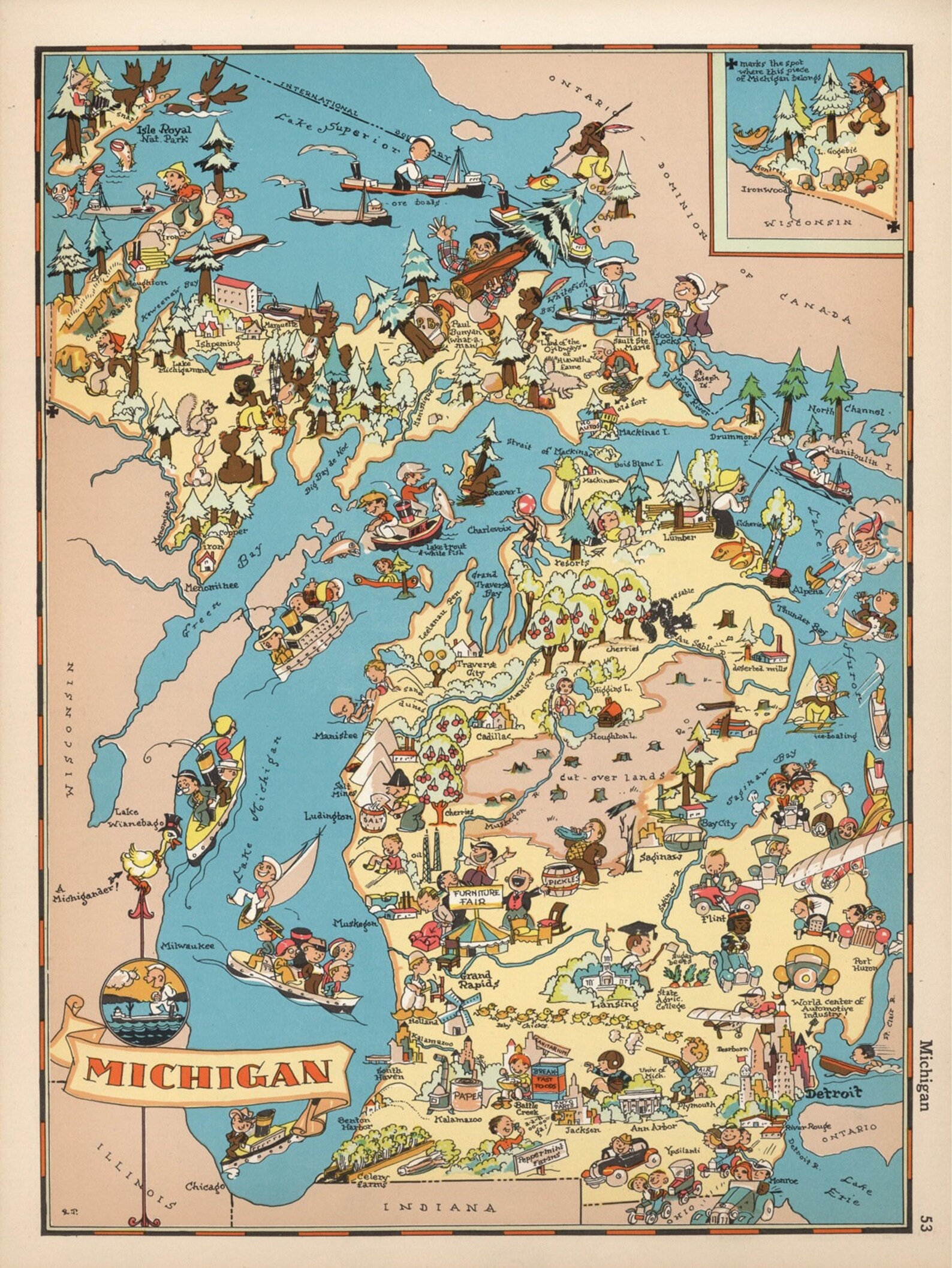 1935 Cartoon Map of Michigan Pictorial Map Fine - Etsy