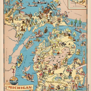 1935 Michigan Cartoon Map: Fine Art Giclée Print - Etsy