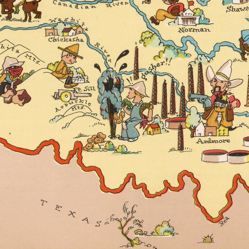 1935 Cartoon Map of Oklahoma: Fine Art Giclée Print - Etsy