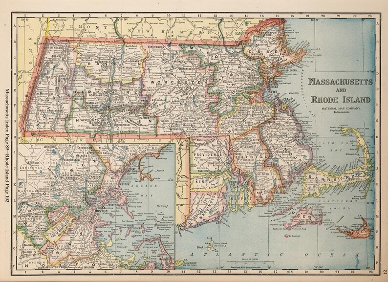 Old Map of Massachusetts and Rhode Island 1927 Antique Map - Etsy
