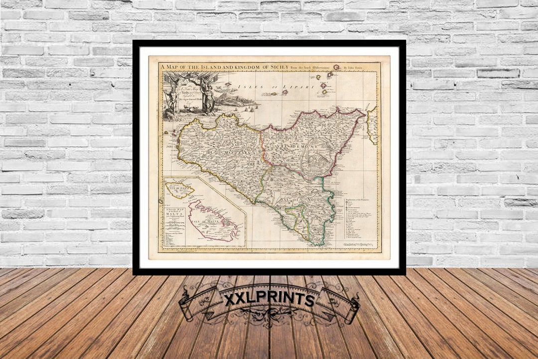 Antique Map of Sicily, 1721, Very Rare Map, Fine Reproduction, Large ...