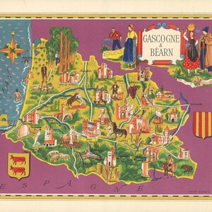 Gascony & Béarn Map Print: 1951 Provinces of France Pictorial Art - Etsy