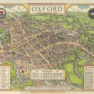 Old Map of Oxford,1936,rare,pictorial Map,city Plan,united Kingdom's ...