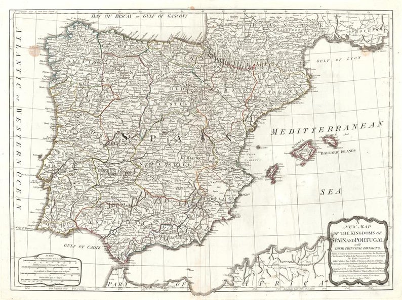 Antique map of Spain and Portugal 1790 antique decor fine | Etsy