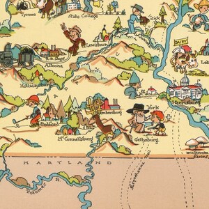 1935 Cartoon Map of Pennsylvania, Pictorial Map, Fine Reproduction ...