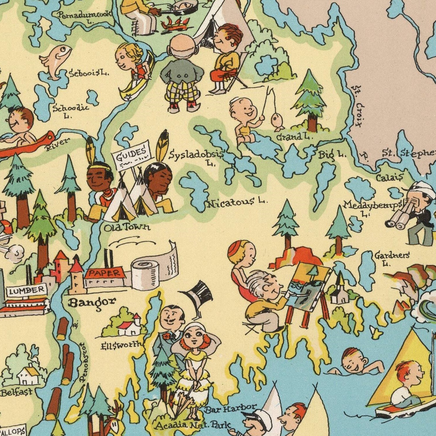 1935 Maine Cartoon Map: Pictorial Fine Art Print - Etsy