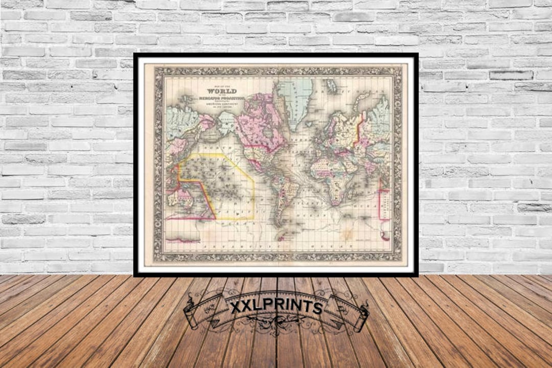 1861 World Map Print: Rare Antique Fine Art Reproduction - Etsy