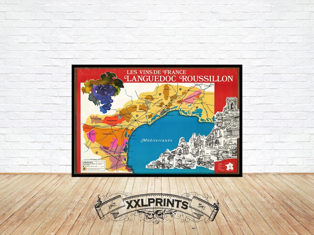 Old Wine Map of Languedoc Roussillon Region, 1965, Pictorial Map, Fine ...