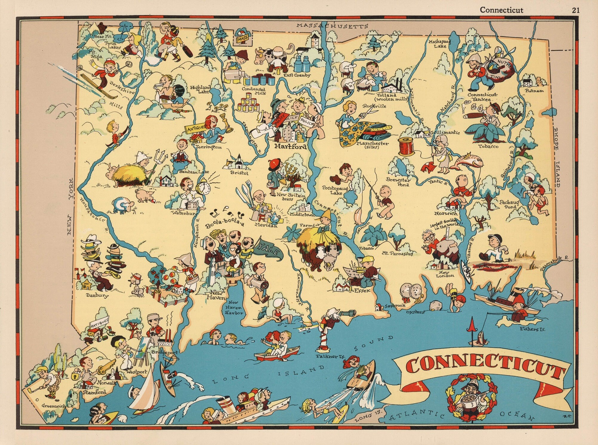 1935 Connecticut Cartoon Map: Fine Art Giclée Print - Etsy
