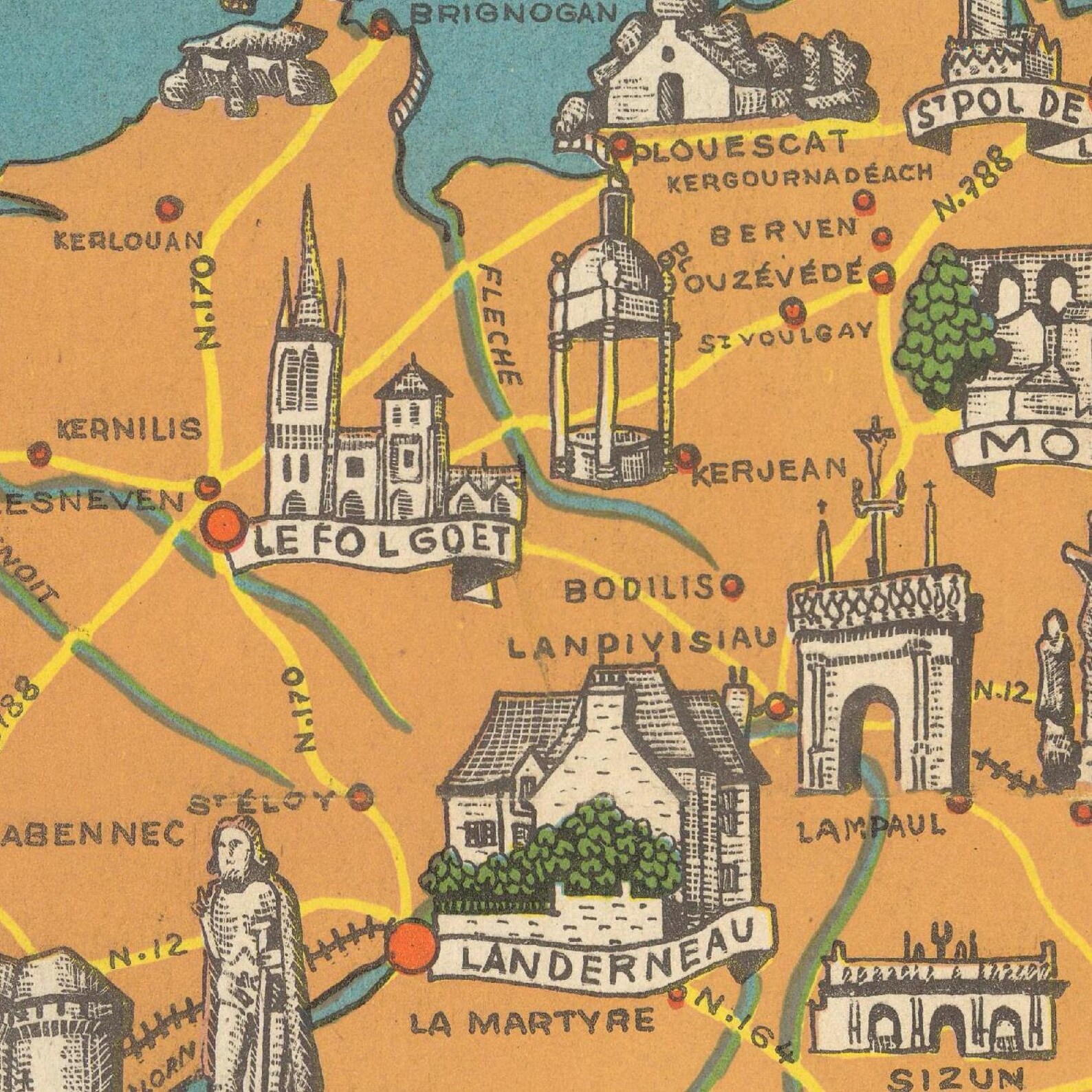 Brittany France Map Print: 1950s Vintage Pictorial Tourist Map - Etsy