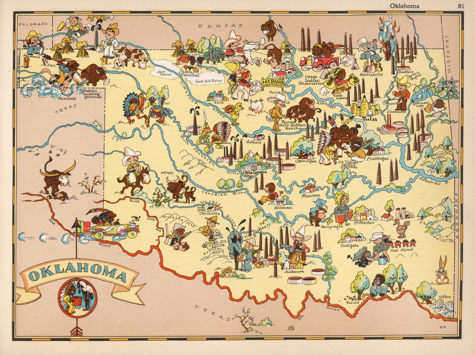 1935 Cartoon Map of Oklahoma: Fine Art Giclée Print - Etsy