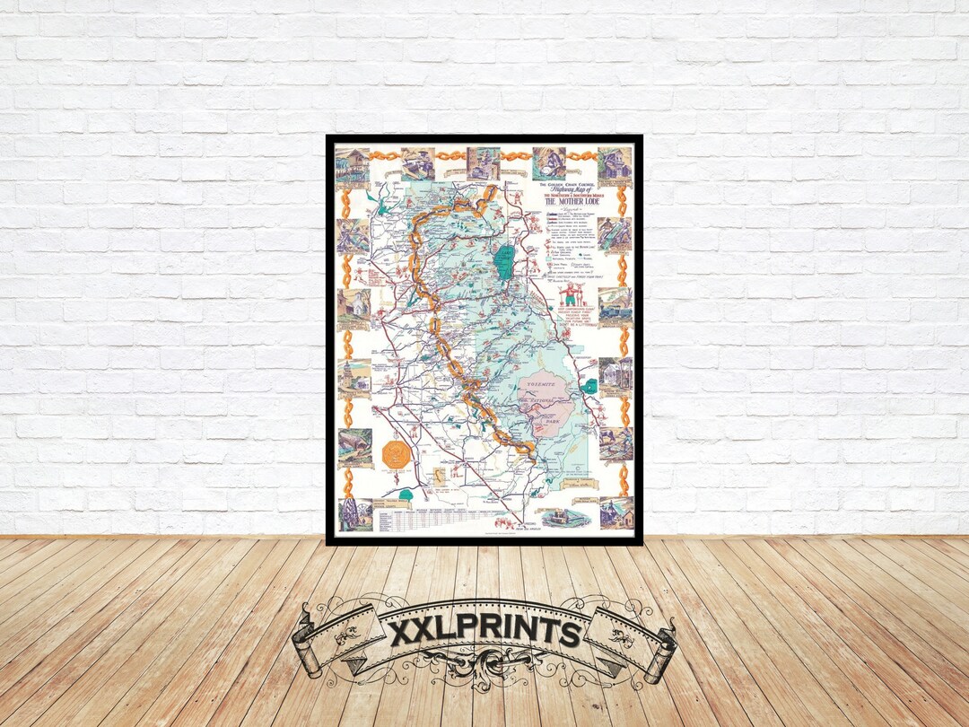 Old Pictorial Tourist Map of the Mother Lode Gold Region, California ...