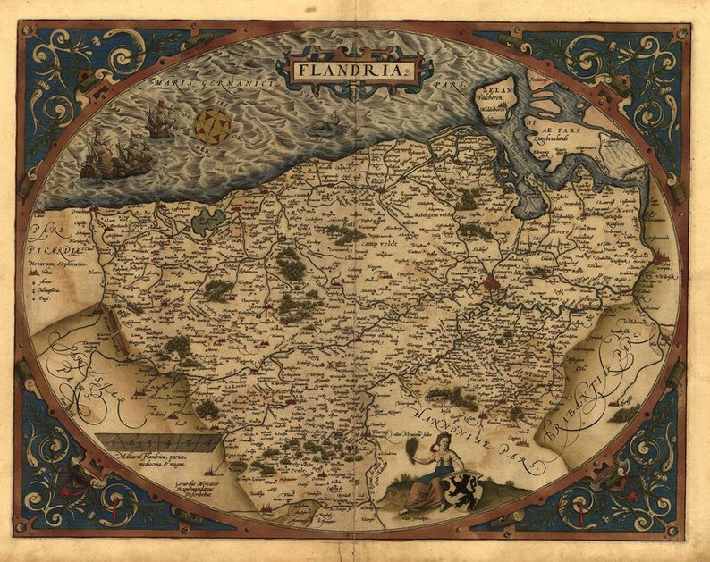 Antique Map of Belgium Flemish Region 14th Century Very | Etsy
