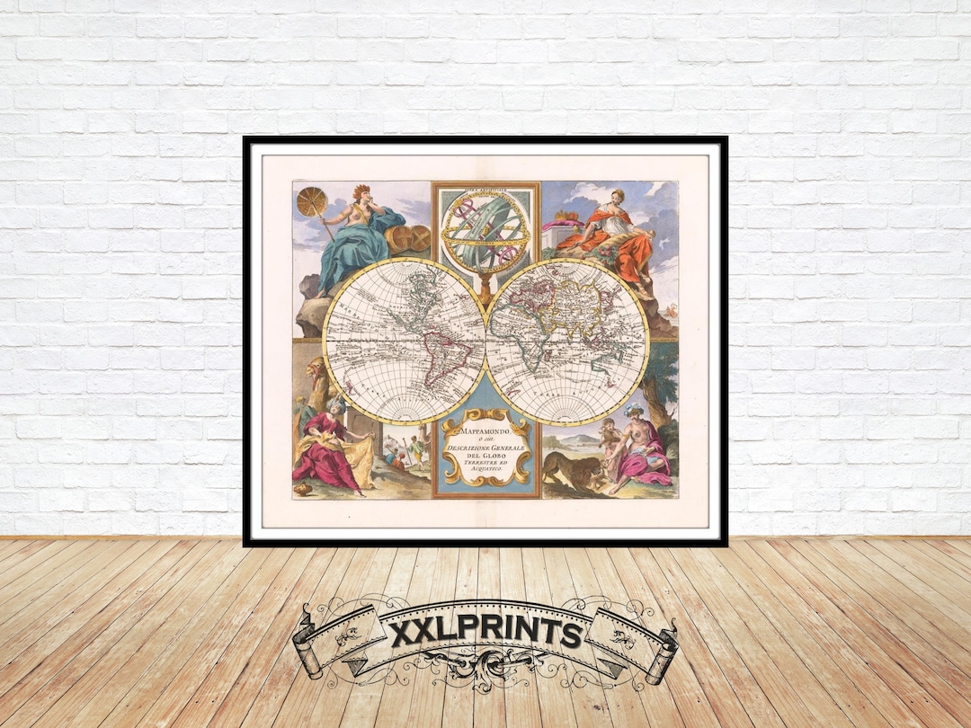 Old Map of the World, 1750, Antique, Rare, Fine Reproduction, Large Map ...