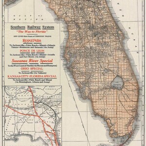 Old Railroad Map of Florida and the Southern Railway System, 1926, Fine ...