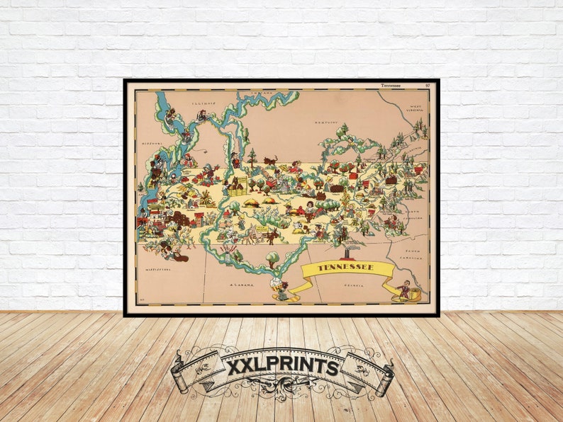 1935 Cartoon Map of Tennessee Pictorial Map Fine - Etsy