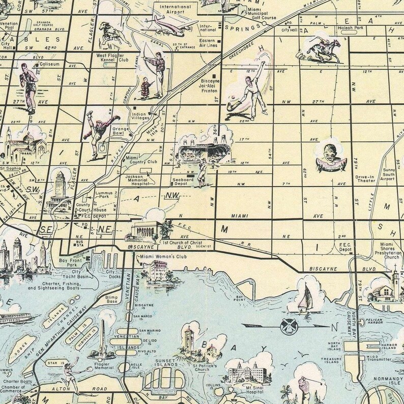 Old Pictorial Map of Greater Miami Florida 1951 Fine - Etsy