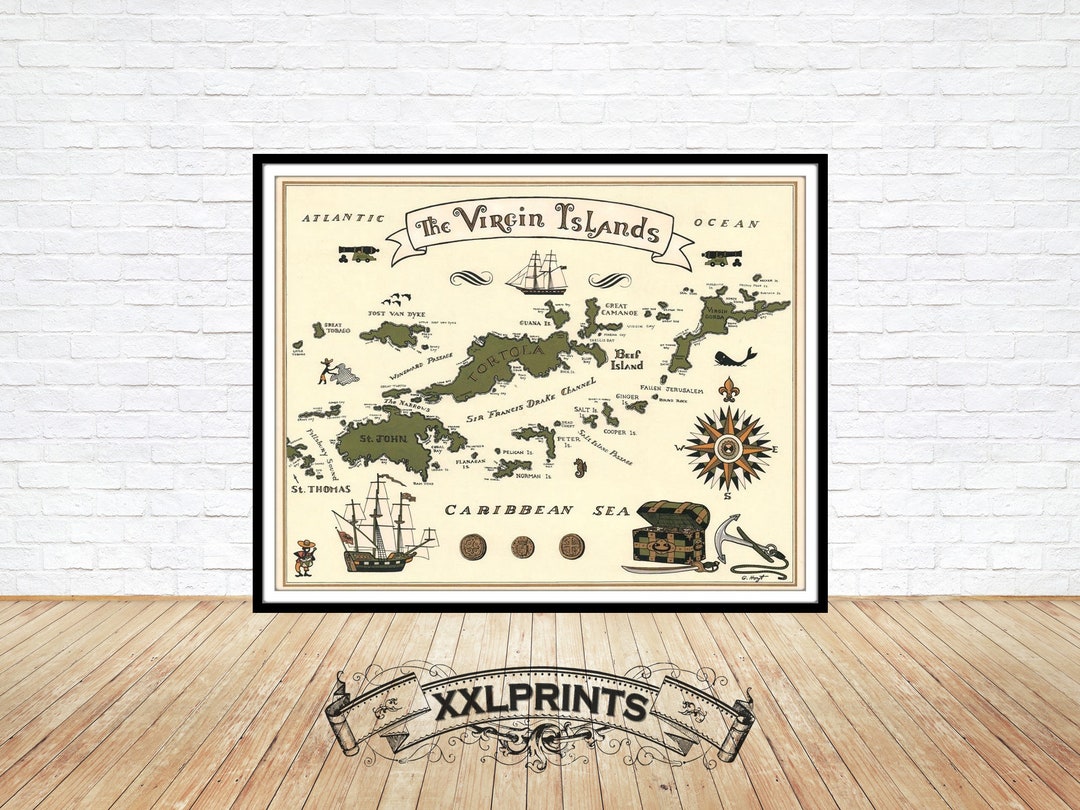 Old Map of Virgin Islands, 1968, Pictorial Map, Fine Reproduction ...