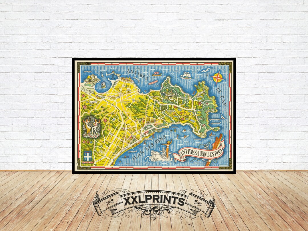 Juan Les Pins & Antibes Map Print: Southern France, 1949 Vintage ...