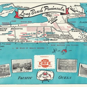Old Pictorial Map of Long Beach, 1950, Fine Reproduction, Large Map ...