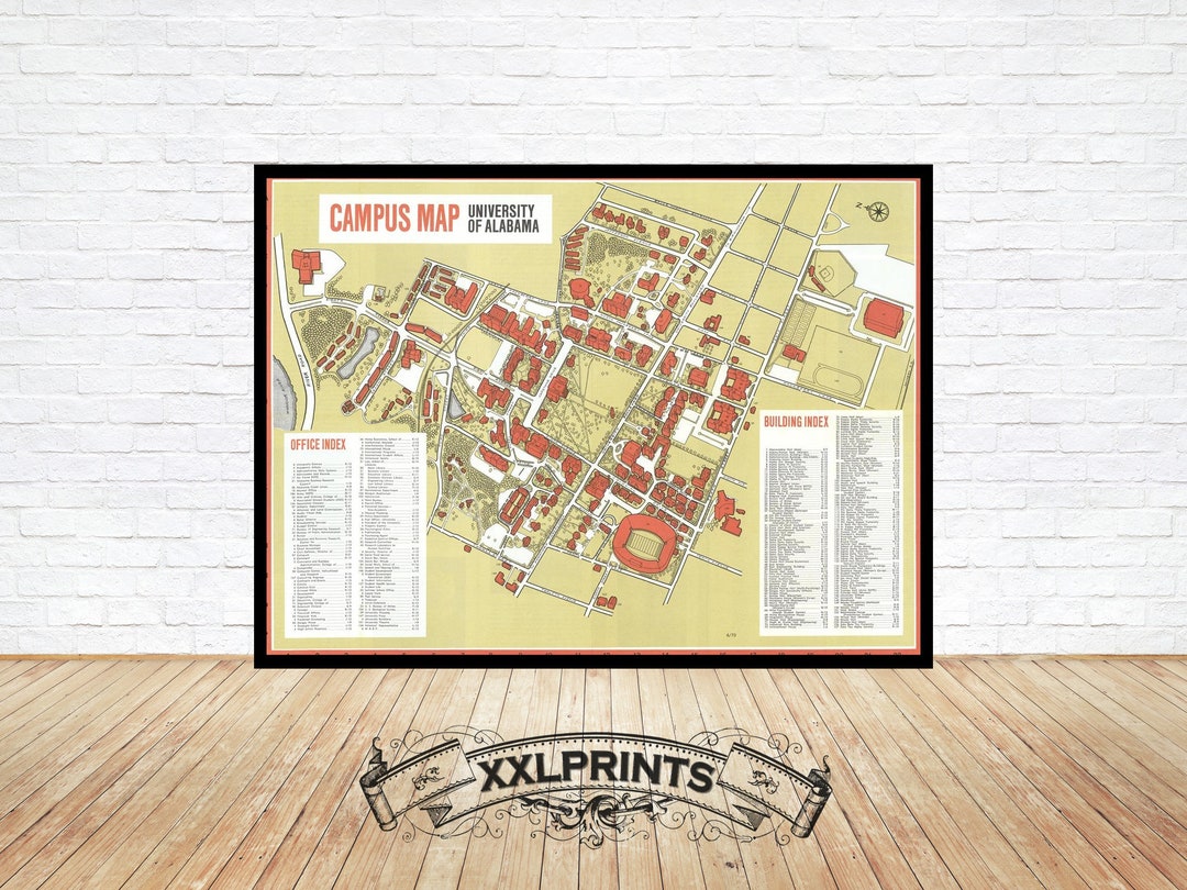 University of Alabama Map Print: 1970 Vintage Campus Art - Etsy