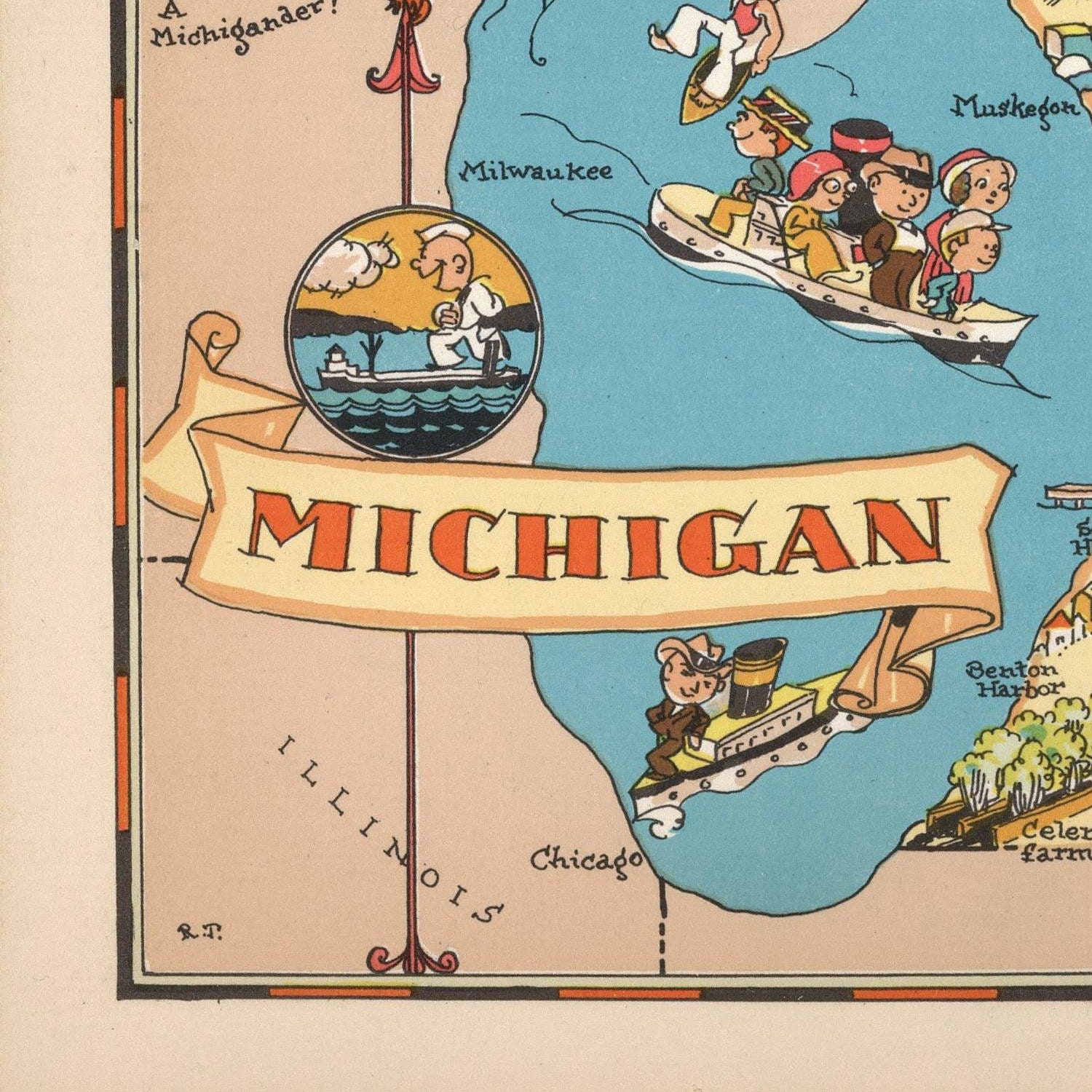 1935 Cartoon Map of Michigan Pictorial Map Fine | Etsy