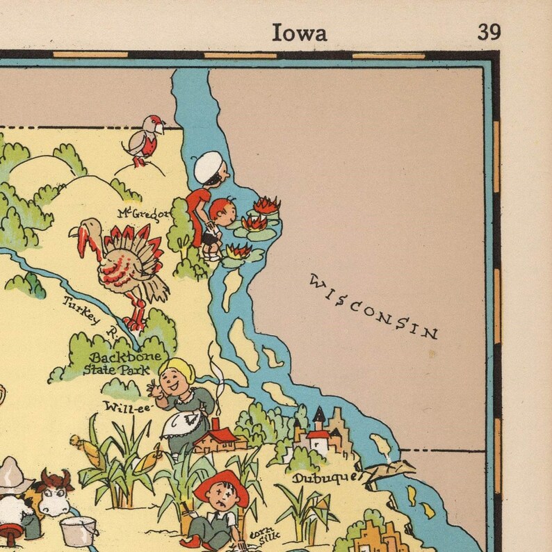 1935 Cartoon Map of Iowa: Vintage Pictorial Art Print - Etsy