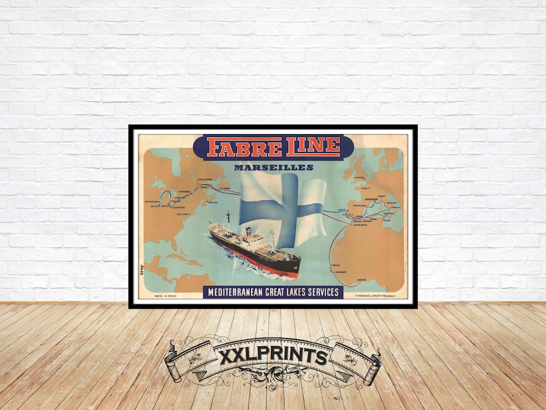 Old Advertising Poster of Fabre Line Shipping Routes, 1951, Fine ...