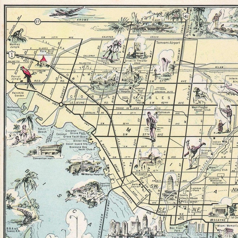 Old Pictorial Map of Greater Miami Florida 1951 Fine - Etsy