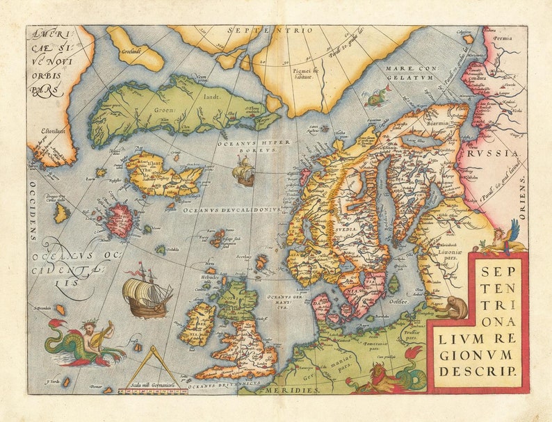 Ancient Map of North Atlantic 1592 Very Rare Beautiful Map - Etsy Australia