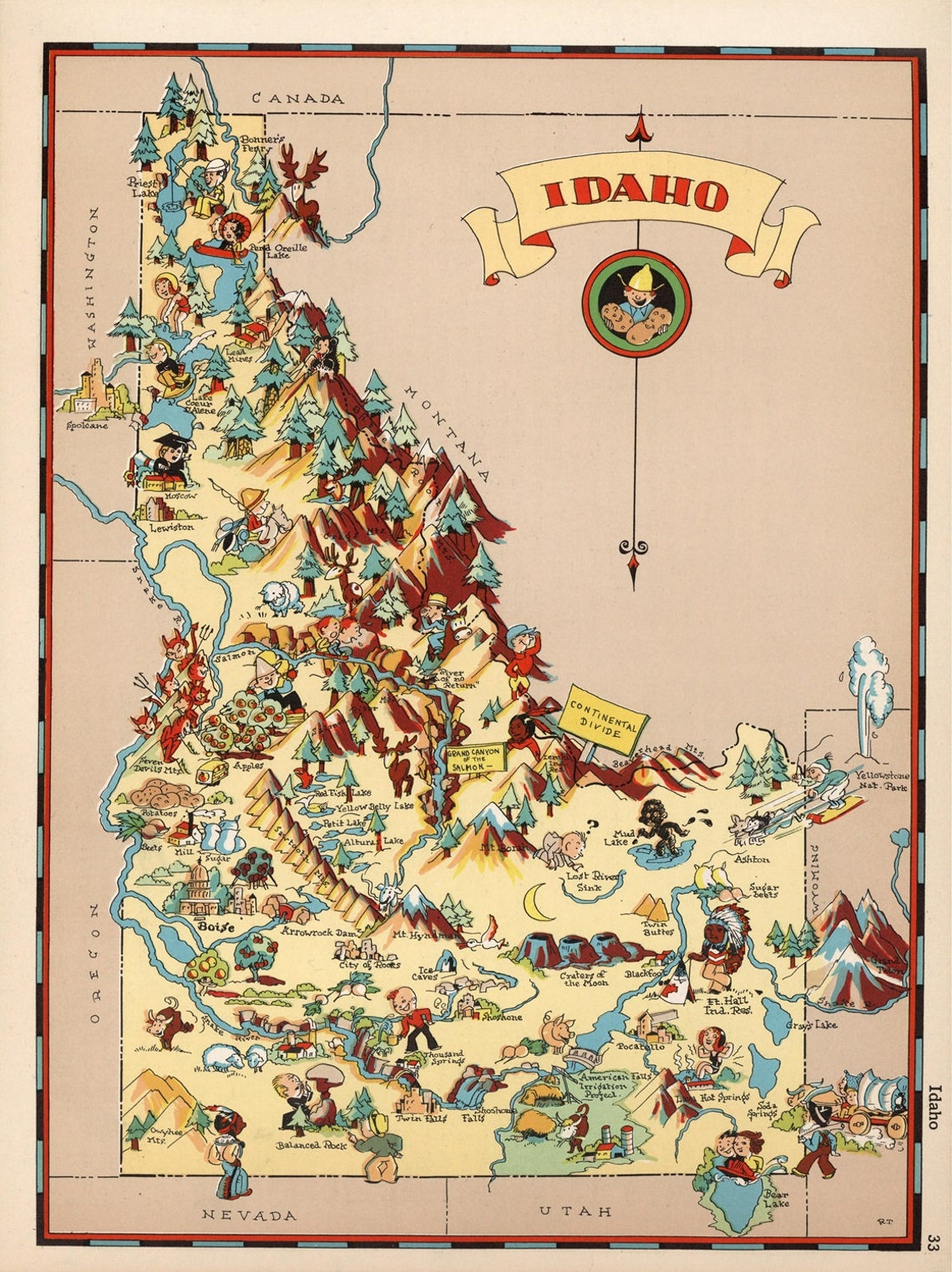 1935 Cartoon Map of Idaho: Vintage Pictorial Art Print - Etsy