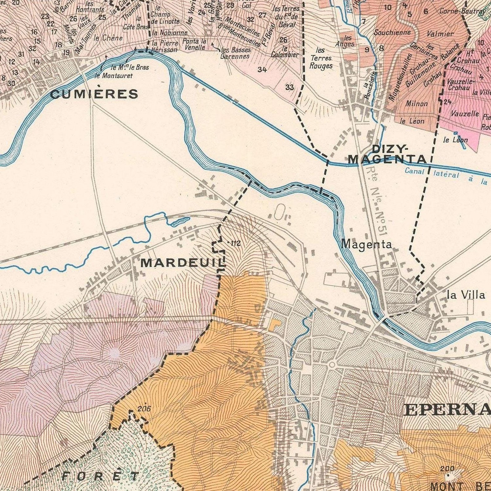 Marne River Valley Map Art Print: Champagne Vineyards, France (1944 ...
