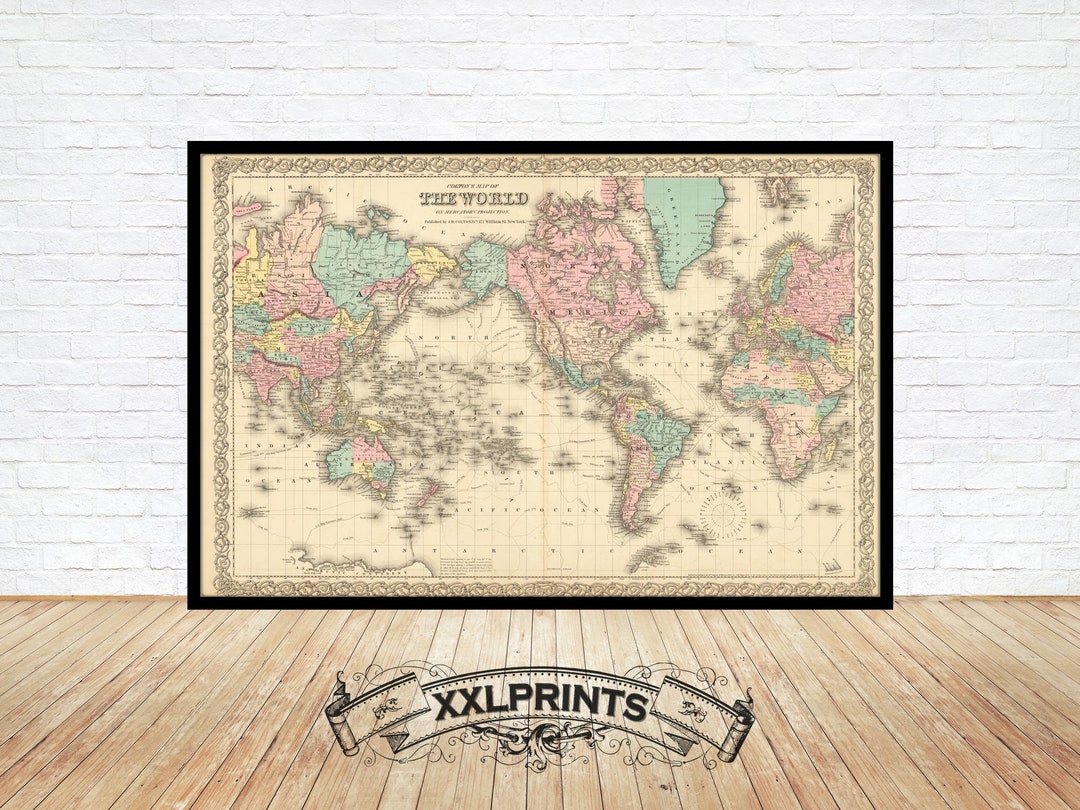 Antique World Map Print: 1855 Fine Art Reproduction - Etsy