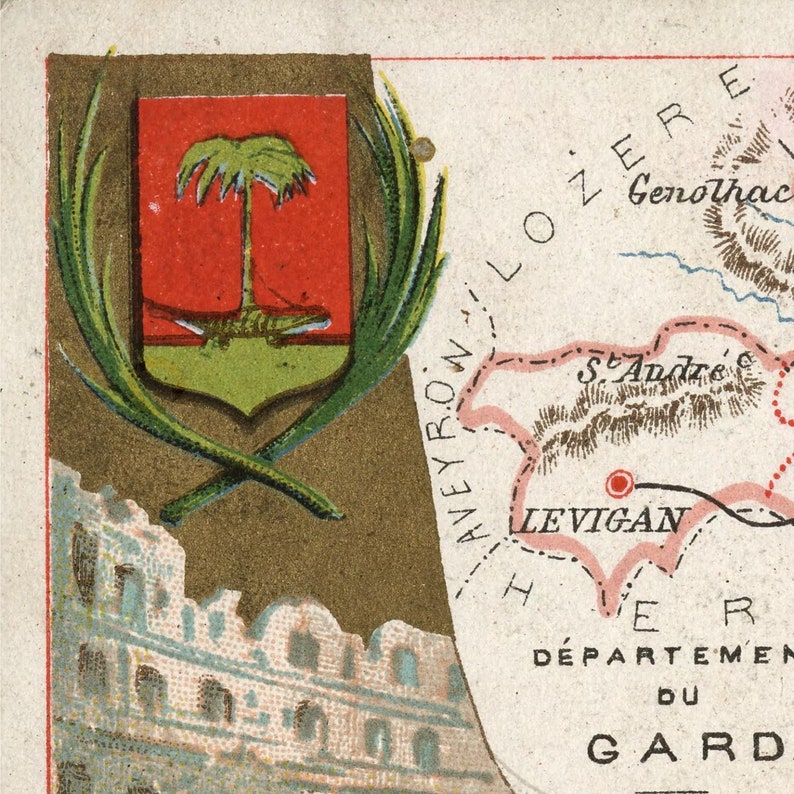 Vintage Map Print: Department Du Gard, France - Fine Art Reproduction ...