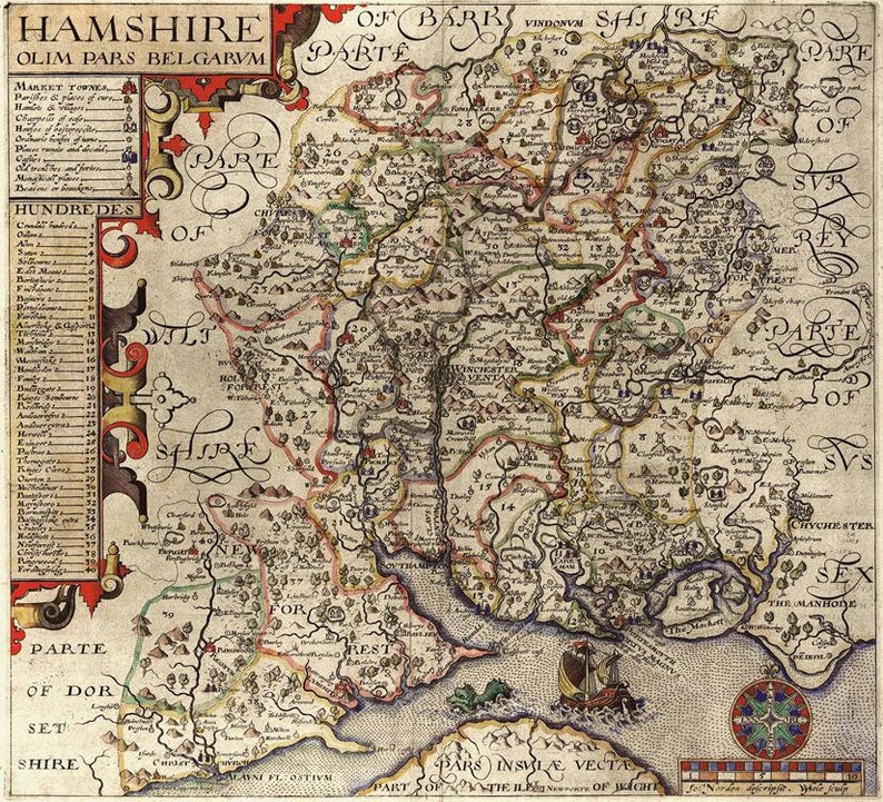 Antique Map of Hampshire England 1610 Old Map Fine - Etsy