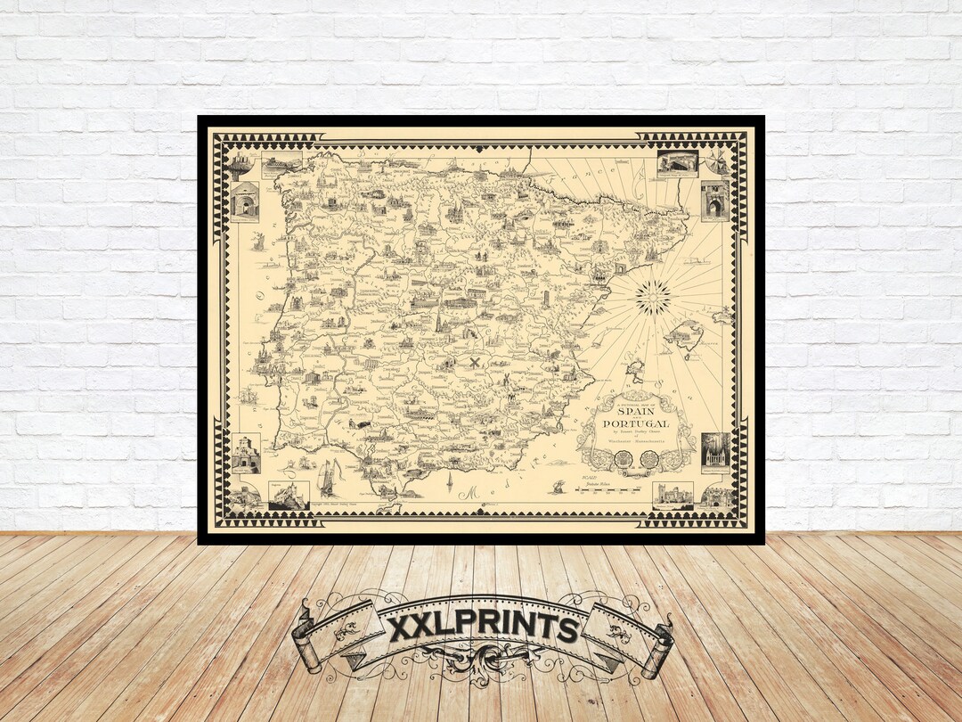 1935 Pictorial Map of Spain & Portugal: Fine Art Print - Etsy