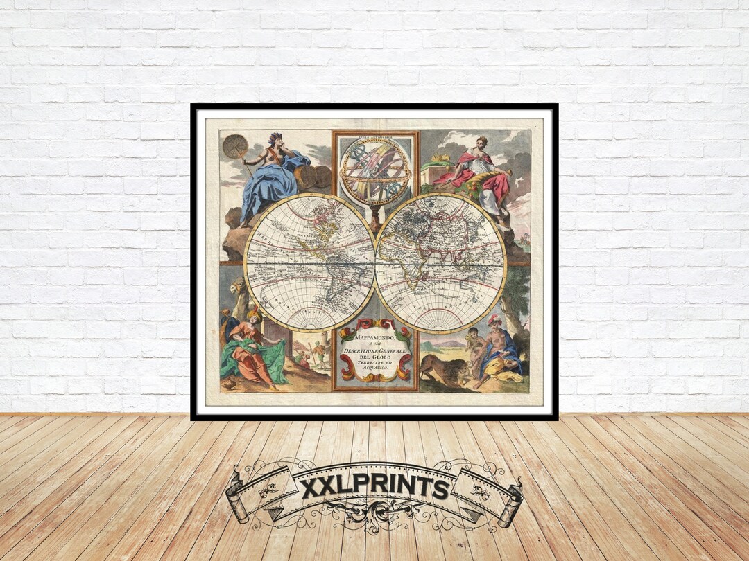 Antique Map of the World, 1740, Old Map, Rare, Fine Reproduction, Large ...