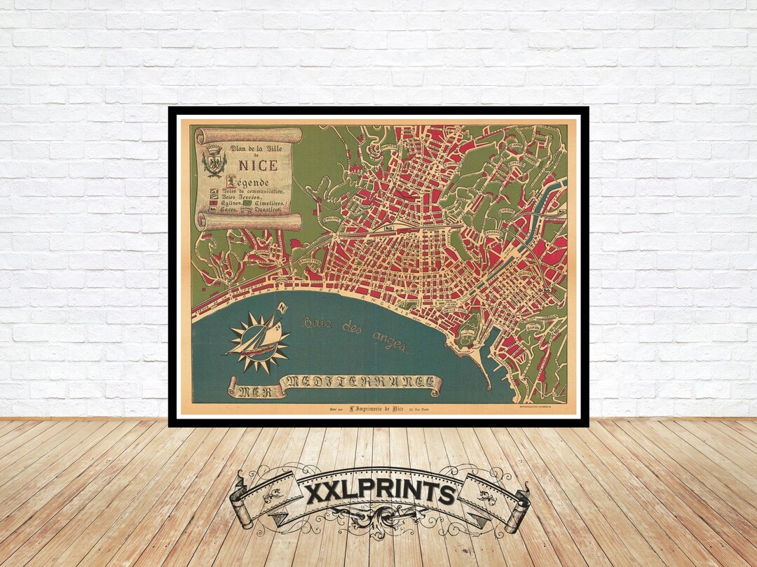 Buy Old City Plan of Nice, 1955, Antique Map, Fine Reproduction, Large ...
