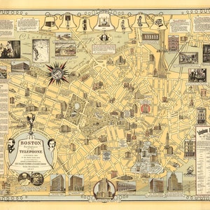 Old Map of Boston, 19th Century Map, Telephone's Birthplace, Fine ...